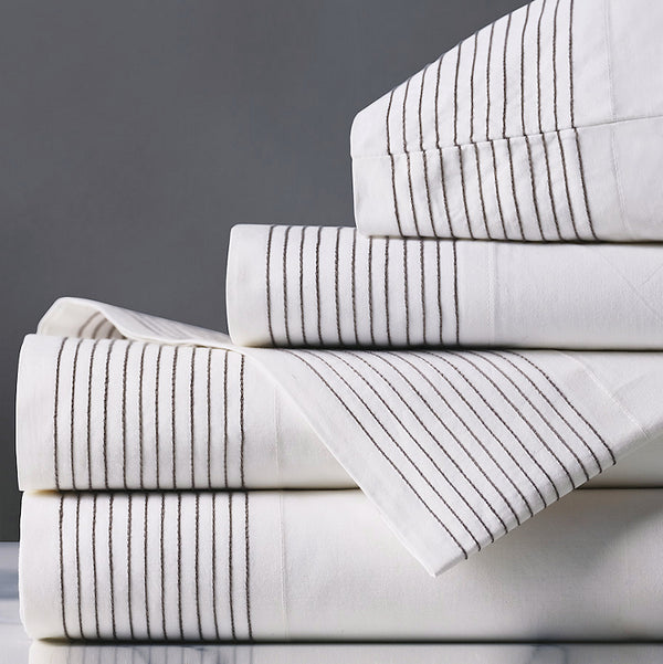 Tidal Stripe Dove Gray Chain Stitch Sheet Set | Nautical Luxuries