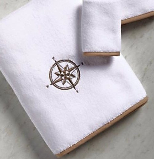 Bias Trim Embroidered Compass Rose Towel Set | Nautical Luxuries