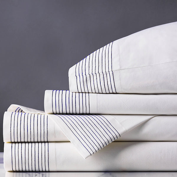 Tidal Stripe Navy Chain Stitch Sheet Set | Nautical Luxuries