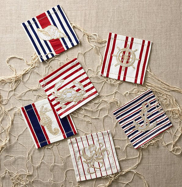 Nautical Motif Embroidered Cocktail Napkin Set | Nautical Luxuries